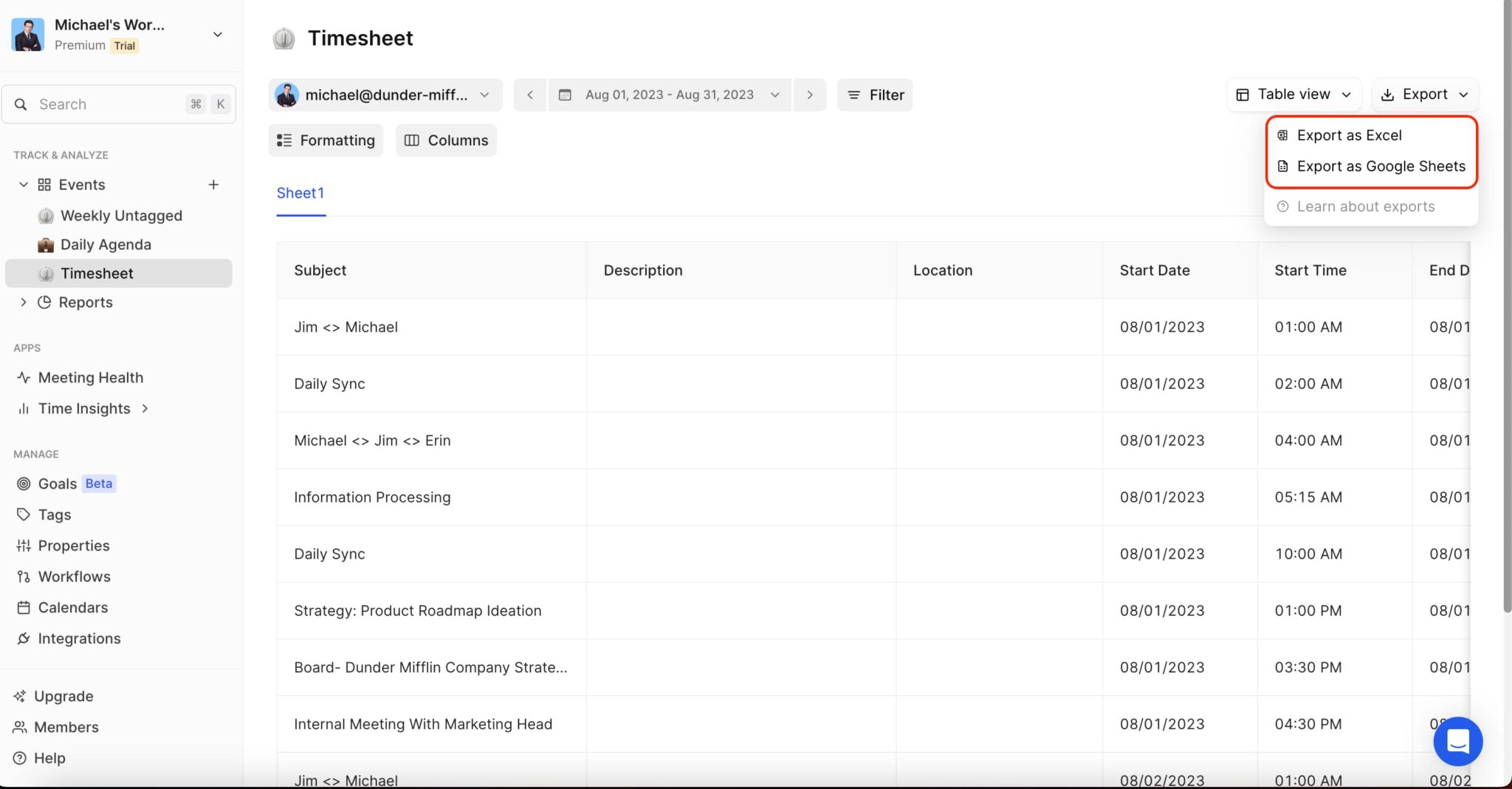Export Google Calendar to Google Sheets - Tackle